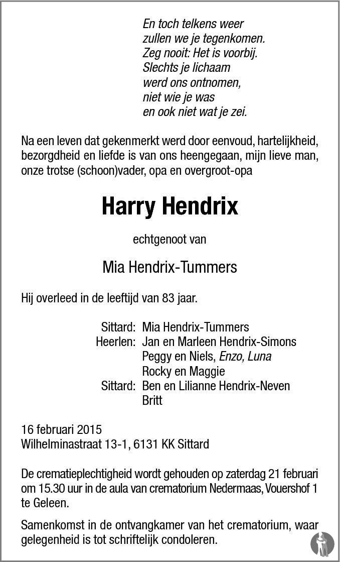 Harry Hendrix 16-02-2015 overlijdensbericht en condoleances - Mensenlinq.nl
