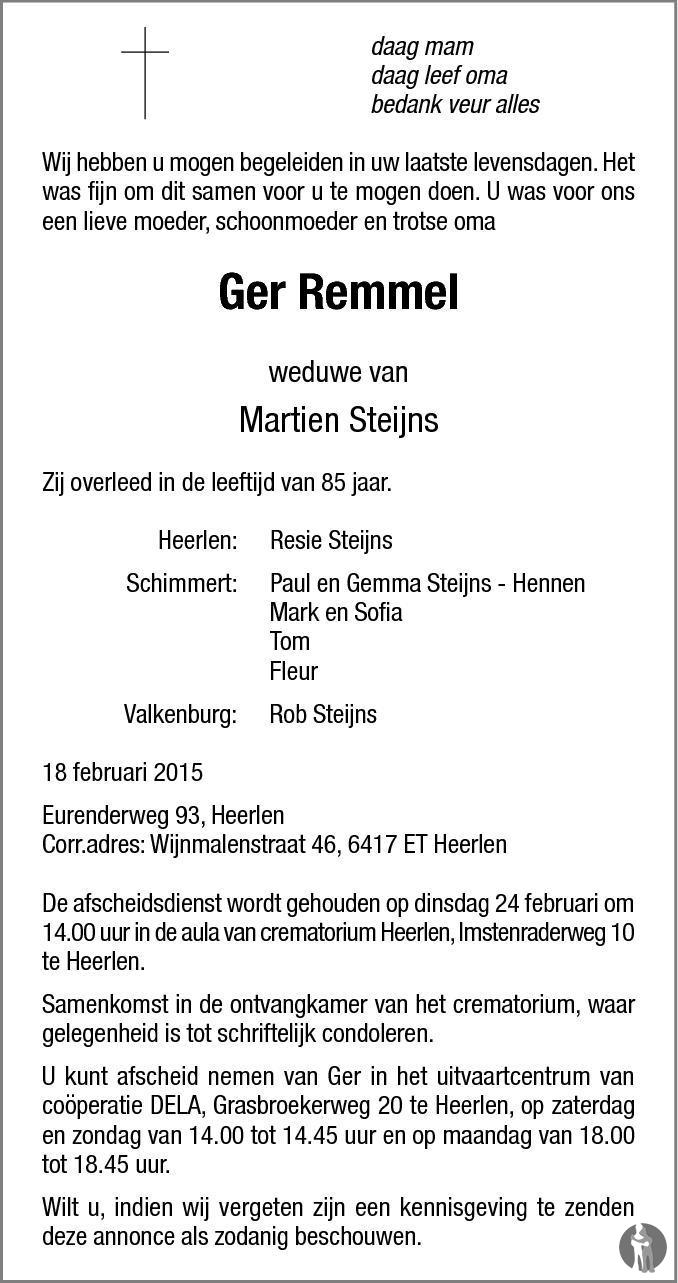 Ger Remmel 18-02-2015 overlijdensbericht en condoleances - Mensenlinq.nl