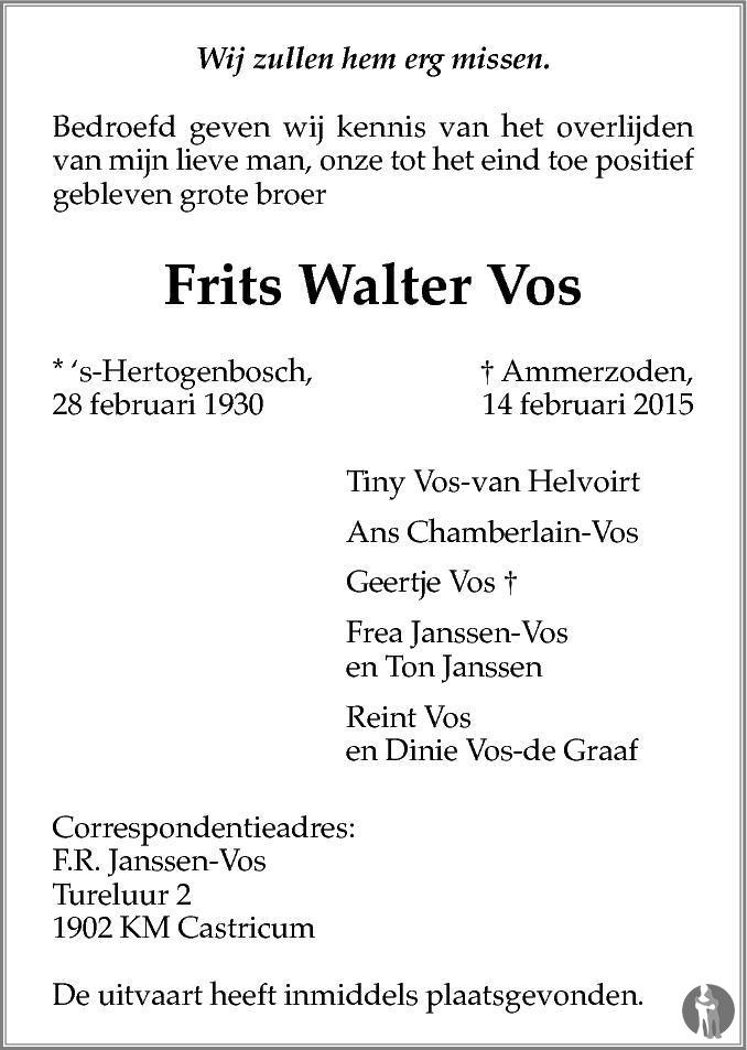 Frits Walter Vos 14-02-2015 overlijdensbericht en condoleances ...