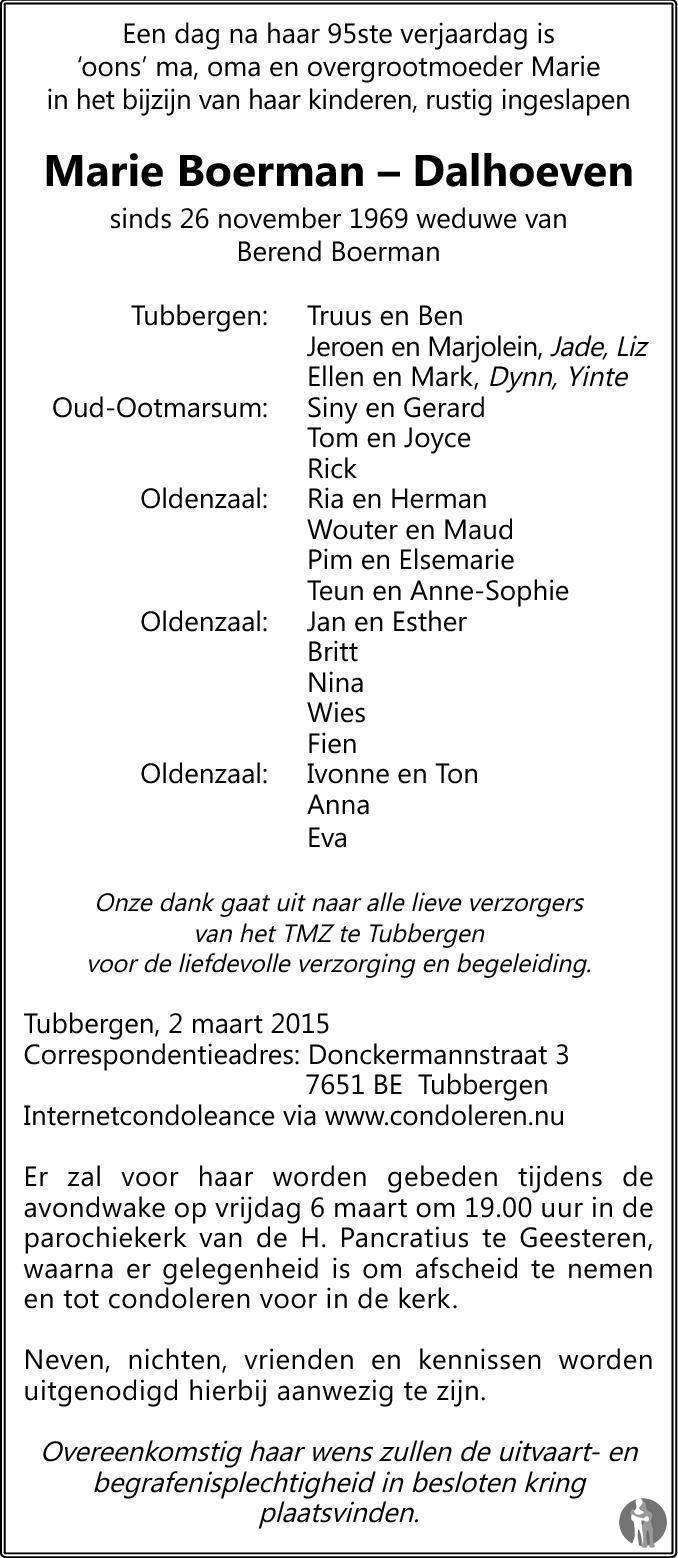 Marie Boerman - Dalhoeven 02-03-2015 overlijdensbericht en condoleances ...
