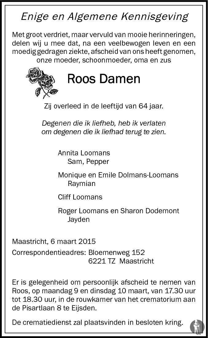 Roos Damen 06-03-2015 overlijdensbericht en condoleances - Mensenlinq.nl