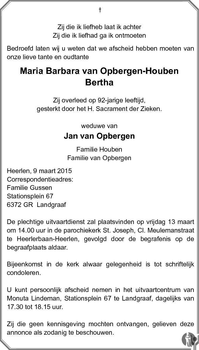 Maria Barbara (Bertha) van Opbergen - Houben 09-03-2015 ...