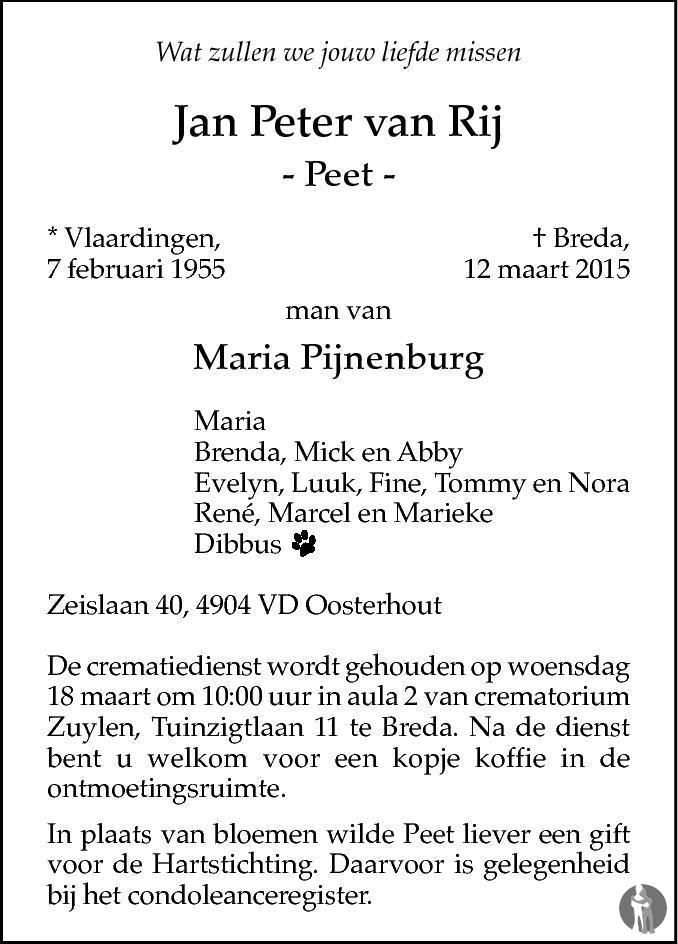 Jan Peter (Peet) van Rij 12-03-2015 overlijdensbericht en condoleances ...