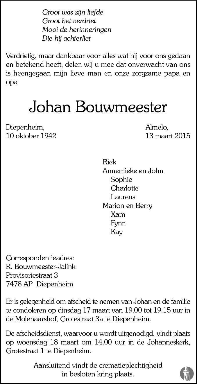Johan Bouwmeester 13-03-2015 overlijdensbericht en condoleances ...