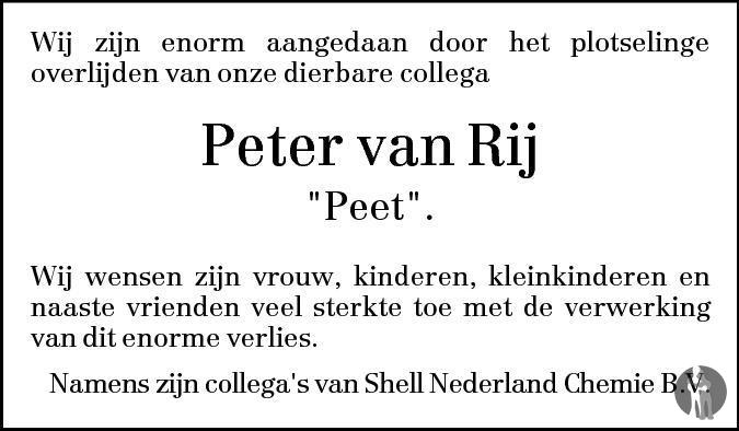 Jan Peter (Peet) van Rij 12-03-2015 overlijdensbericht en condoleances ...