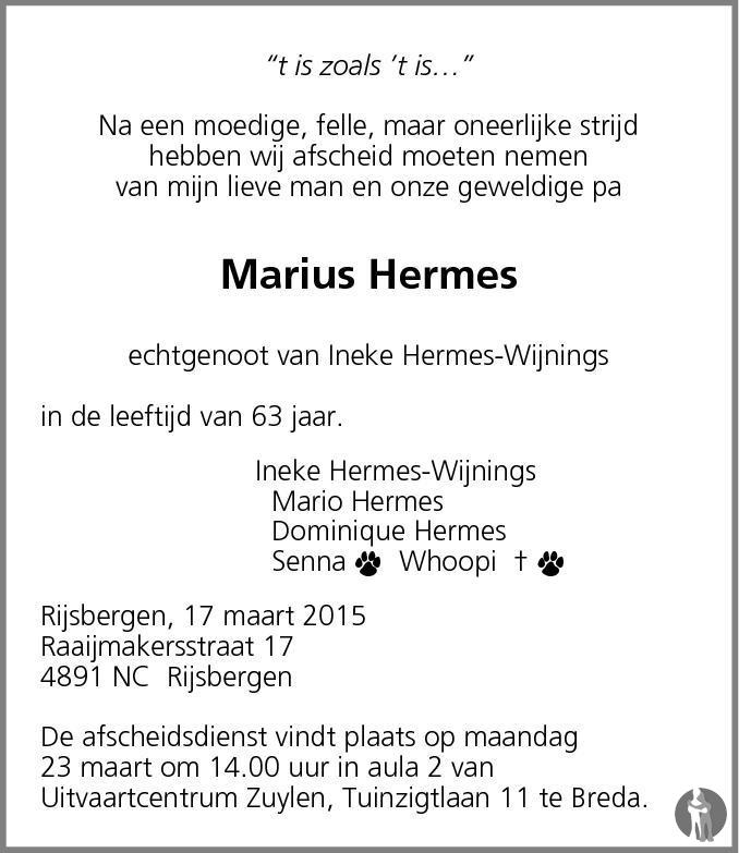 Marius Hermes 17-03-2015 overlijdensbericht en condoleances - Mensenlinq.nl
