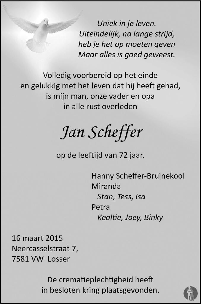 Jan Scheffer 16-03-2015 overlijdensbericht en condoleances - Mensenlinq.nl