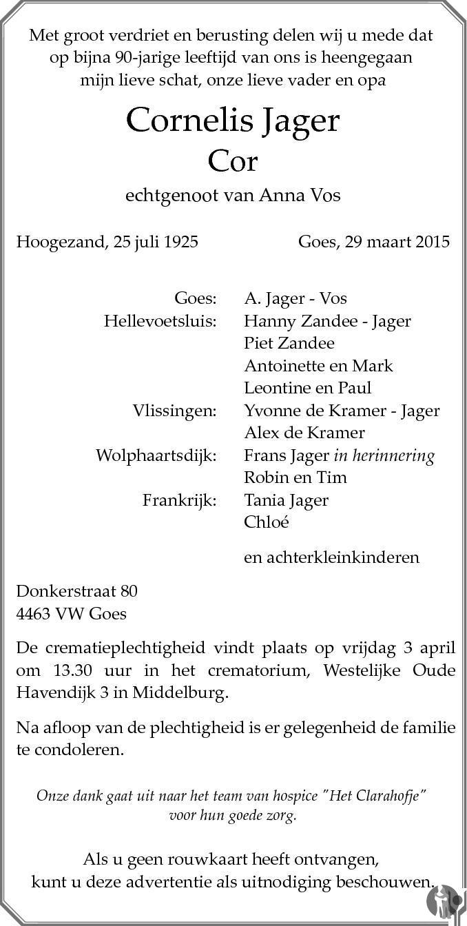 Cornelis (Cor) Jager 29-03-2015 overlijdensbericht en condoleances ...