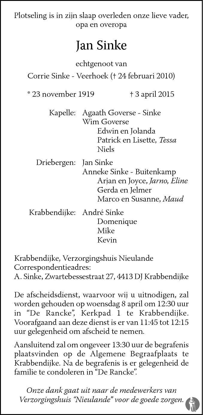 Jan Sinke 03-04-2015 overlijdensbericht en condoleances - Mensenlinq.nl