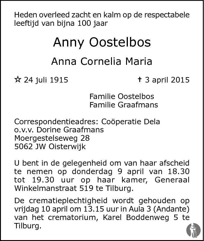 Anna Cornelia Maria (Anny) Oostelbos 03-04-2015 overlijdensbericht en ...