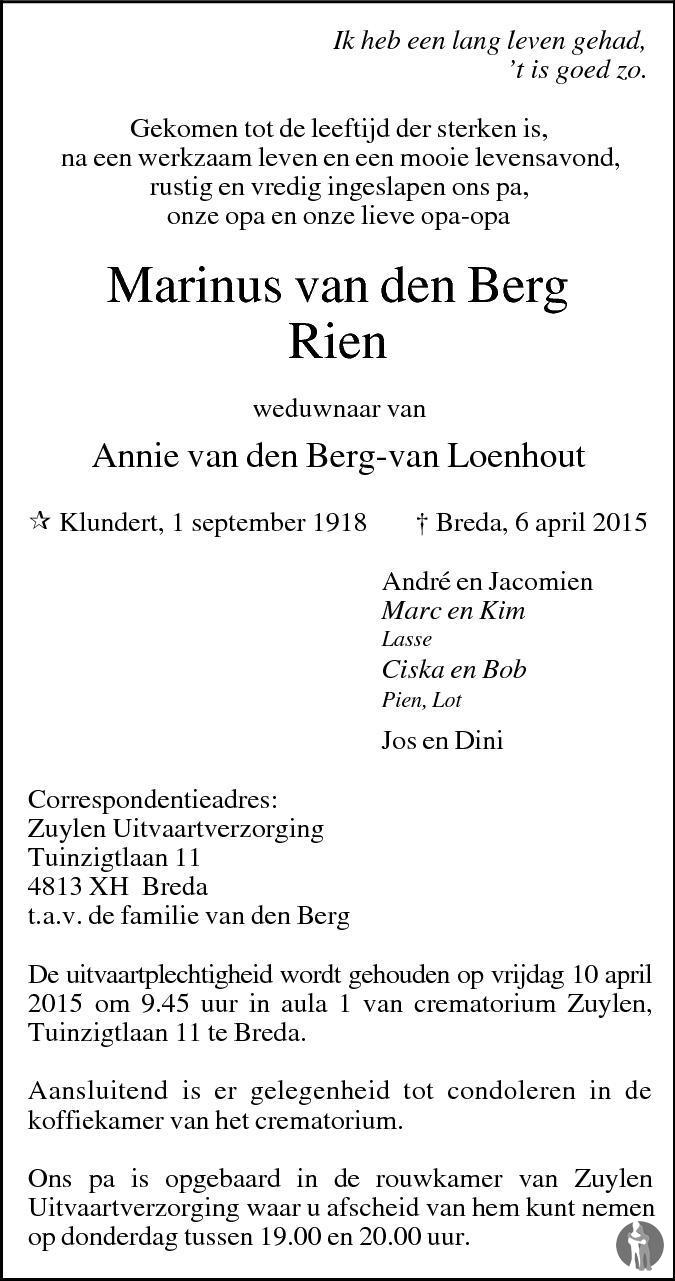 Marinus (Rien) van den Berg 06-04-2015 overlijdensbericht en ...