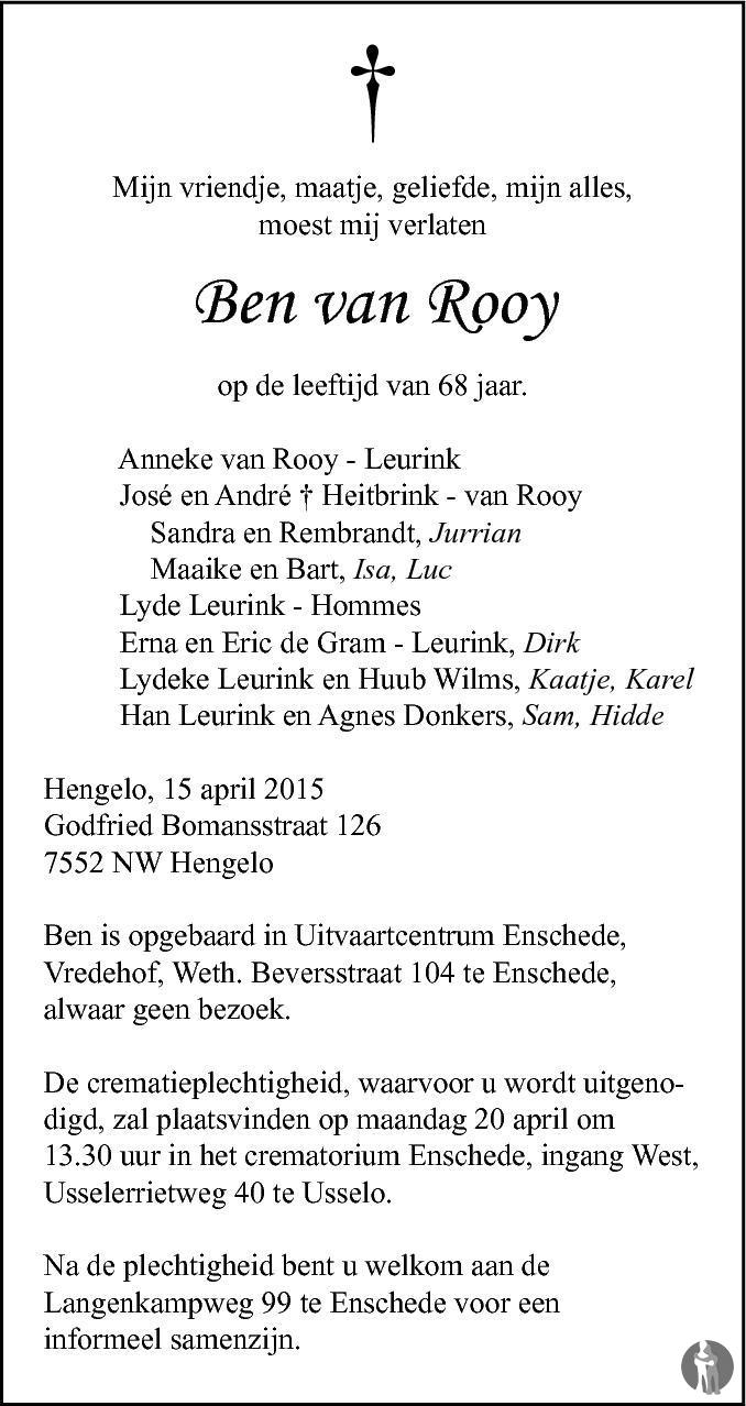 Ben van Rooy 15-04-2015 overlijdensbericht en condoleances - Mensenlinq.nl