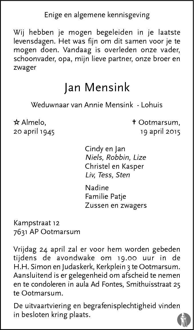 Jan Mensink 19-04-2015 overlijdensbericht en condoleances - Mensenlinq.nl
