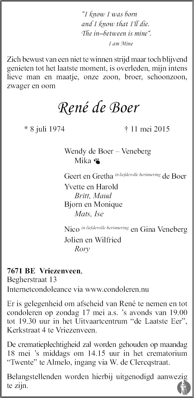 René de Boer 11-05-2015 overlijdensbericht en condoleances - Mensenlinq.nl
