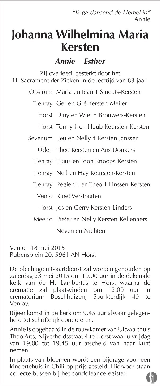 Johanna Wilhelmina Maria (Annie, Esther) Kersten 18-05-2015 ...