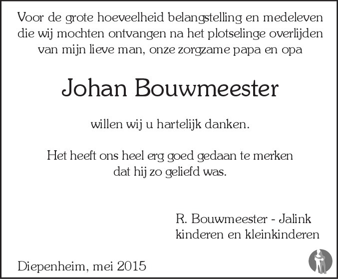 Johan Bouwmeester 13-03-2015 overlijdensbericht en condoleances ...