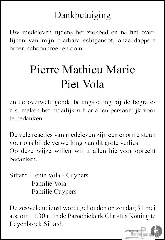 Pierre Mathieu Marie (Piet) Vola 17-04-2015 overlijdensbericht en ...