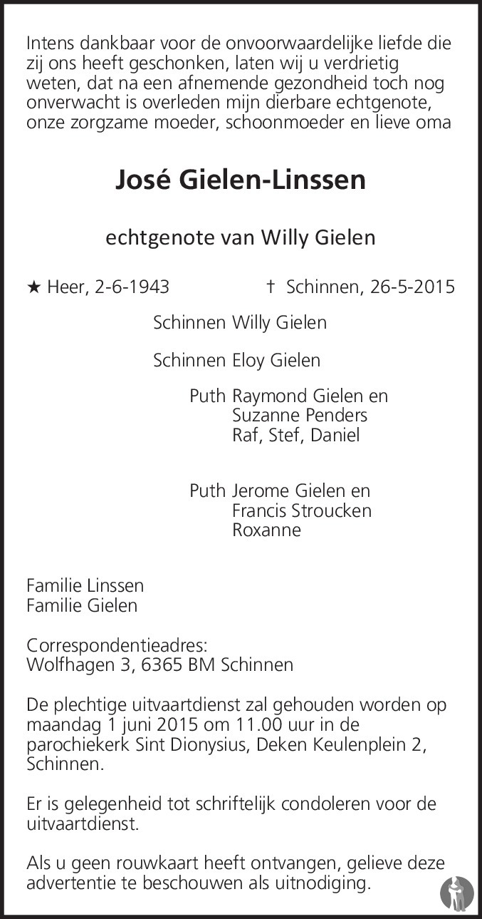 José Gielen - Linssen 26-05-2015 overlijdensbericht en condoleances ...