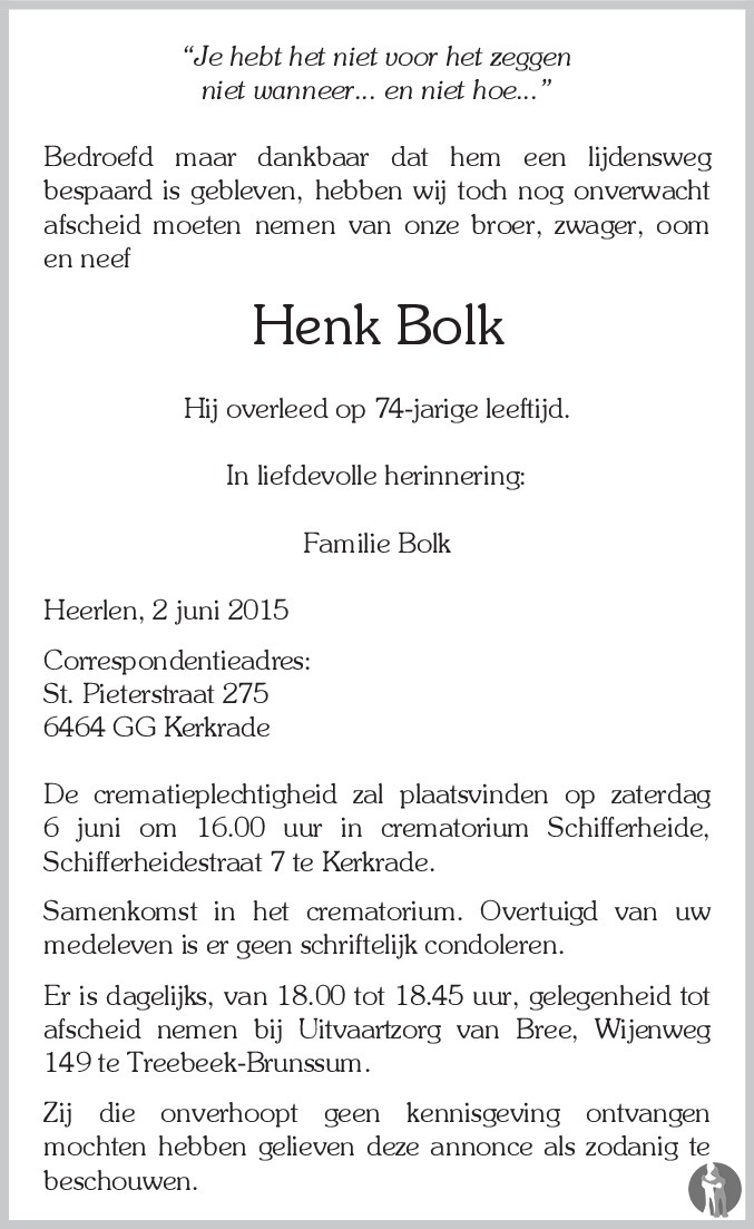 Henk Bolk 02-06-2015 overlijdensbericht en condoleances - Mensenlinq.nl