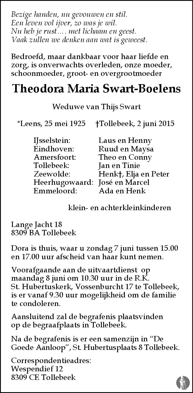 Theodora Maria Swart - Boelens 02-06-2015 overlijdensbericht en ...
