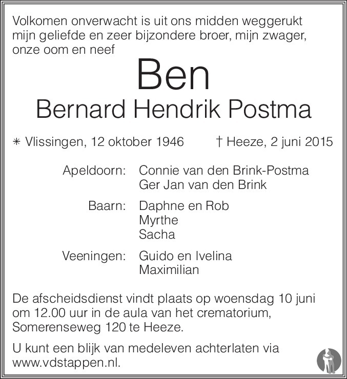 Bernard Hendrik (Ben) Postma 02-06-2015 overlijdensbericht en ...
