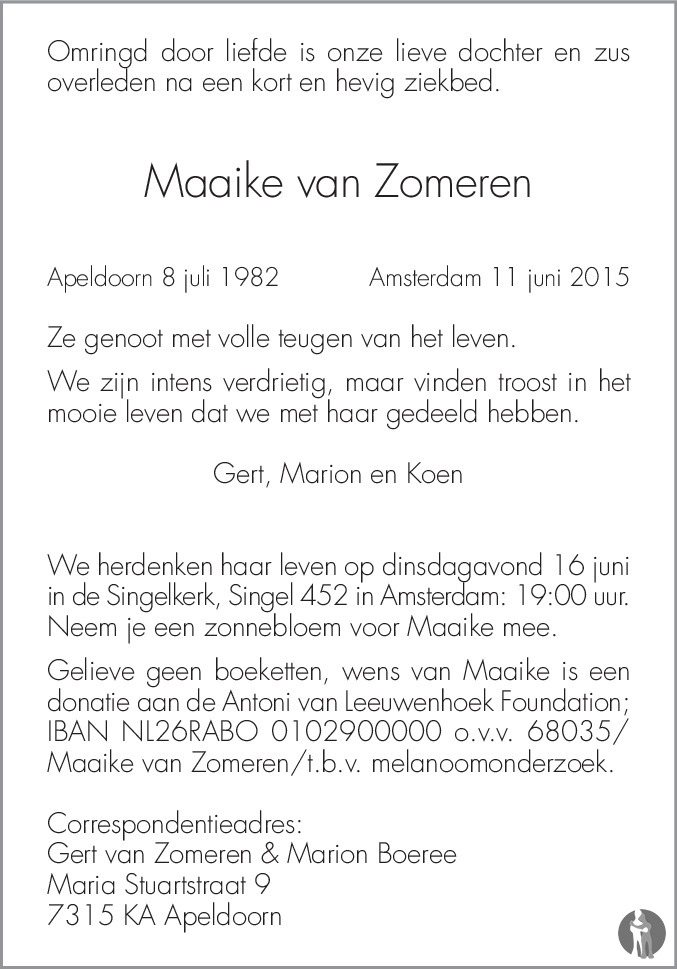 Maaike van Zomeren 11-06-2015 overlijdensbericht en condoleances ...