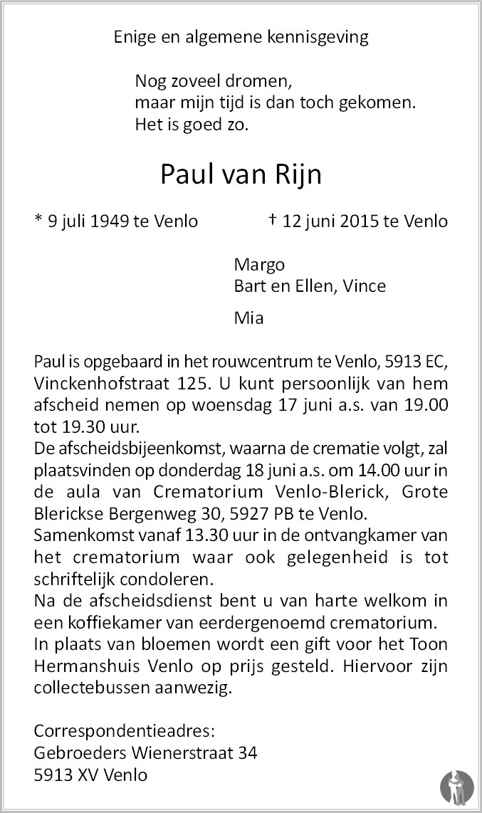 Paul van Rijn 12-06-2015 overlijdensbericht en condoleances - Mensenlinq.nl