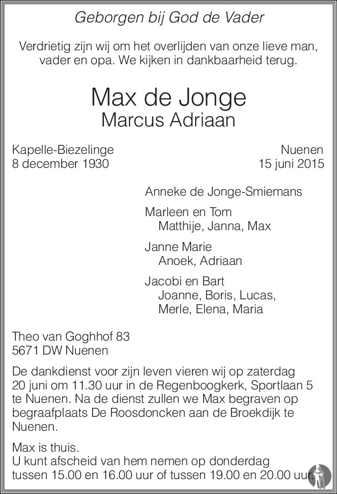 Marcus Adriaan (Max) de Jonge 15-06-2015 overlijdensbericht en ...