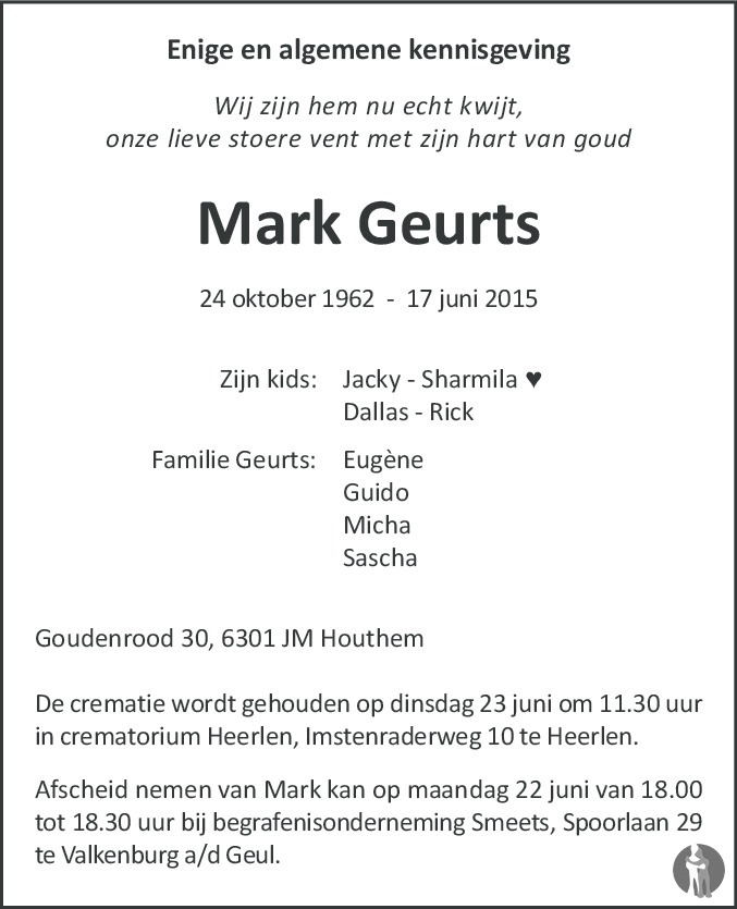 Mark Geurts 17-06-2015 overlijdensbericht en condoleances - Mensenlinq.nl