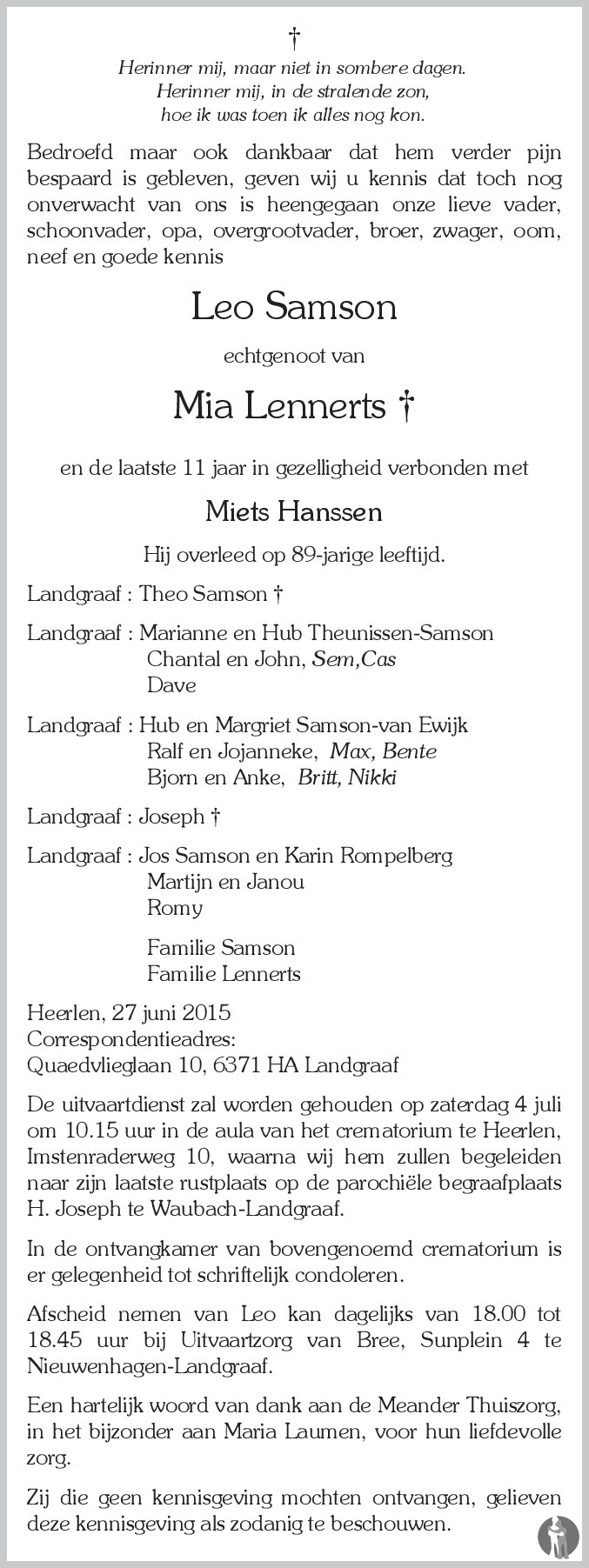 Leo Samson 27-06-2015 overlijdensbericht en condoleances - Mensenlinq.nl
