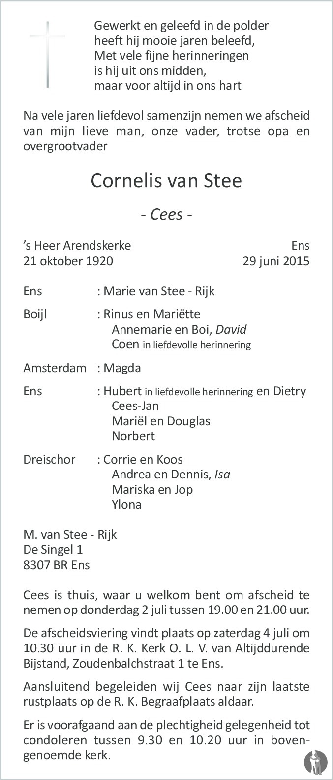 Cornelis (Cees) van Stee 29-06-2015 overlijdensbericht en condoleances ...