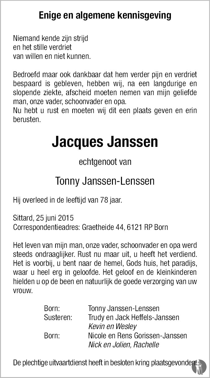 Jacques Janssen 25-06-2015 overlijdensbericht en condoleances ...