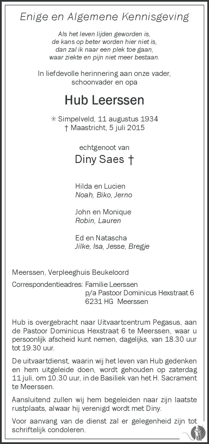 Hub Leerssen 05-07-2015 overlijdensbericht en condoleances - Mensenlinq.nl
