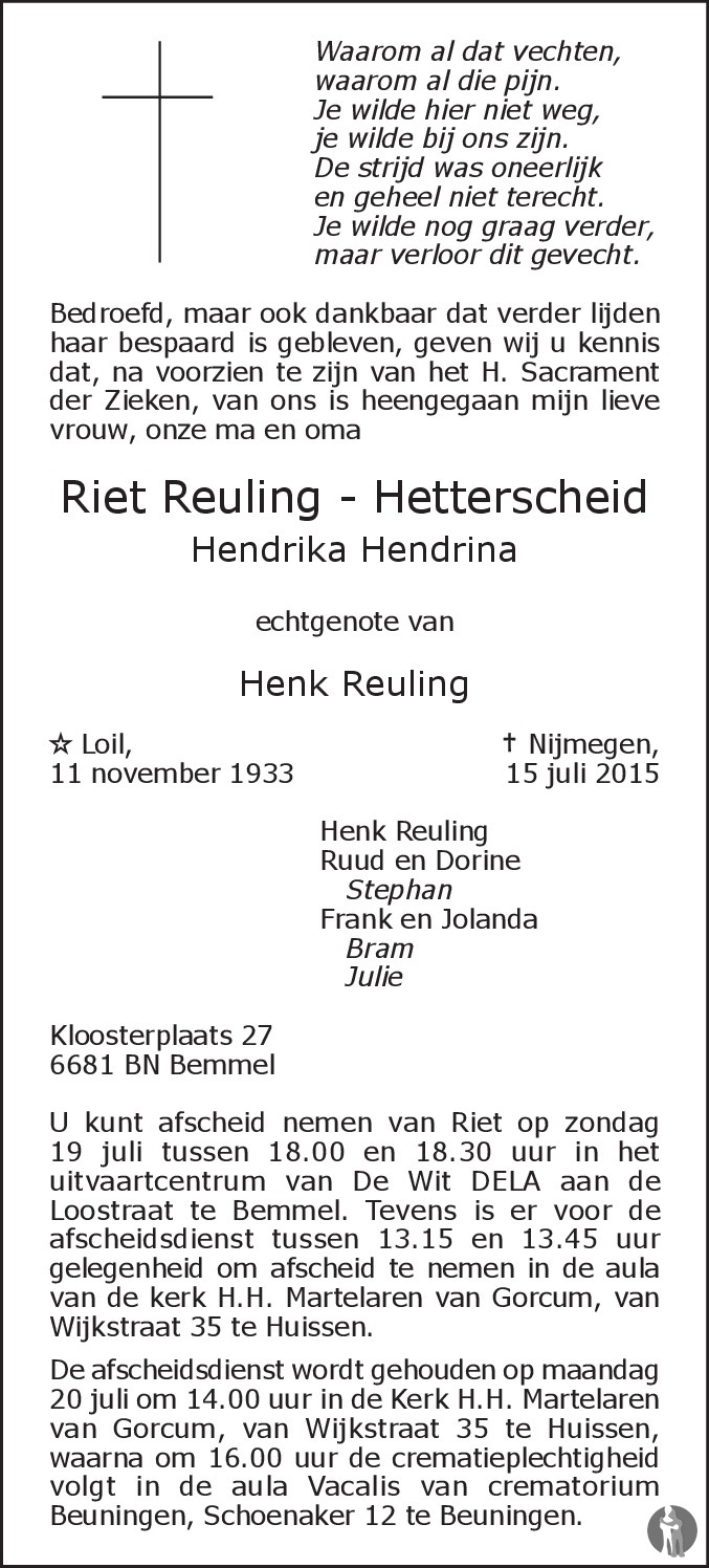 Hendrika Hendrina (Riet) Reuling - Hetterscheid 15-07-2015 ...