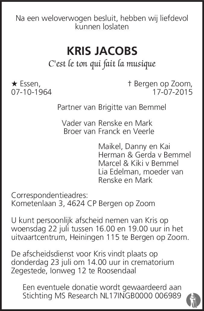 Kris Jacobs 17-07-2015 overlijdensbericht en condoleances - Mensenlinq.nl