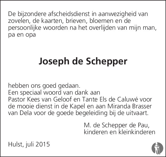 Joseph Theophile Dominicus de Schepper 20-06-2015 overlijdensbericht en condoleances - Mensenlinq.nl