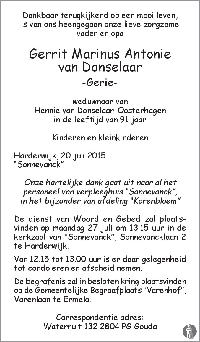 Gerrit Marinus Antonie (Gerie) van Donselaar 20-07-2015 overlijdensbericht en condoleances ...