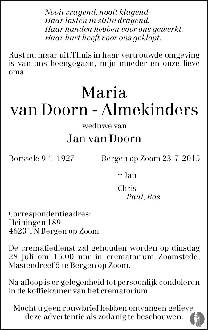 Maria van Doorn - Almekinders 23-07-2015 overlijdensbericht en ...