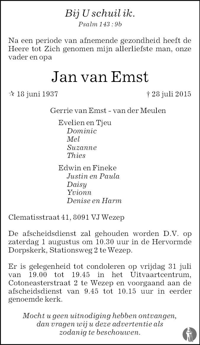 Jan van Emst 28-07-2015 overlijdensbericht en condoleances - Mensenlinq.nl