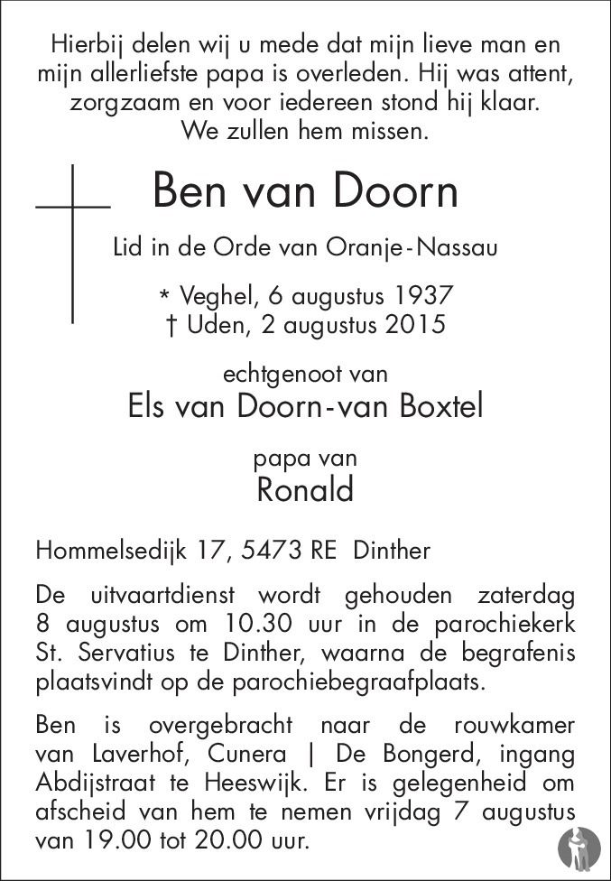 Ben van Doorn 02-08-2015 overlijdensbericht en condoleances - Mensenlinq.nl