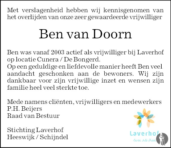 Ben van Doorn 02-08-2015 overlijdensbericht en condoleances - Mensenlinq.nl
