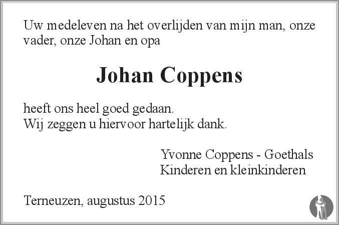 Johannes Franciscus (Johan) Coppens 16-06-2015 overlijdensbericht en ...
