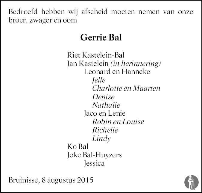 Gerrit (Gerrie) Bal 08-08-2015 overlijdensbericht en condoleances - Mensenlinq.nl
