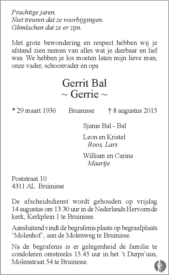 Gerrit (Gerrie) Bal 08-08-2015 overlijdensbericht en condoleances - Mensenlinq.nl