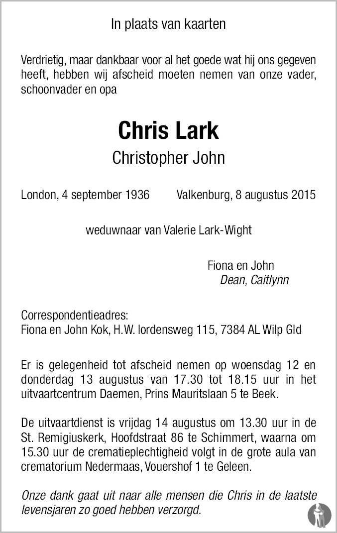 Christopher John (Chris) Lark 08-08-2015 overlijdensbericht en ...