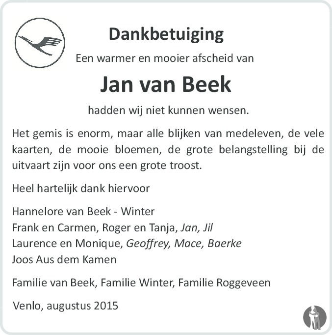 Jan van Beek 04-07-2015 overlijdensbericht en condoleances - Mensenlinq.nl
