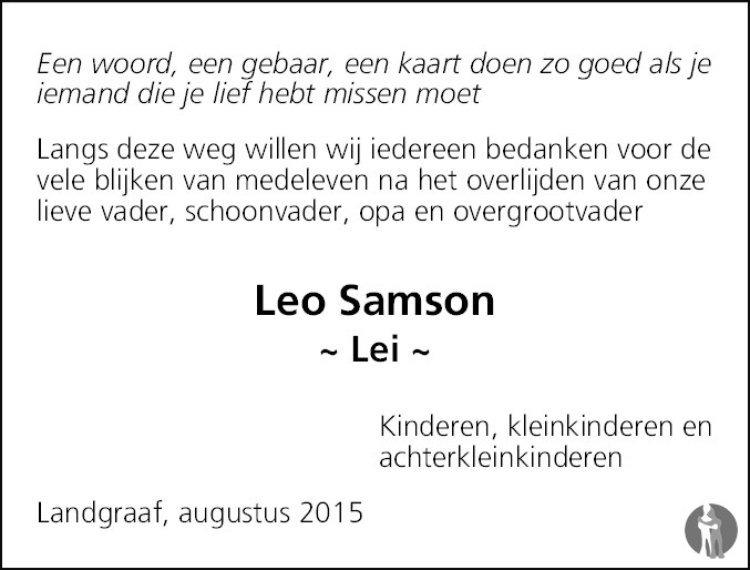 Leo Samson 27-06-2015 overlijdensbericht en condoleances - Mensenlinq.nl