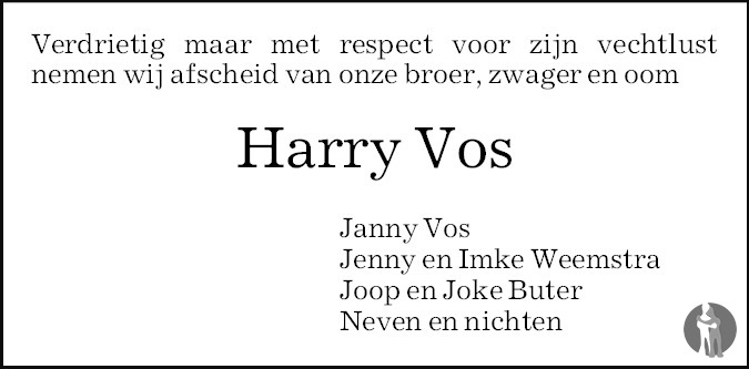 Harry Vos 23-08-2015 overlijdensbericht en condoleances - Mensenlinq.nl