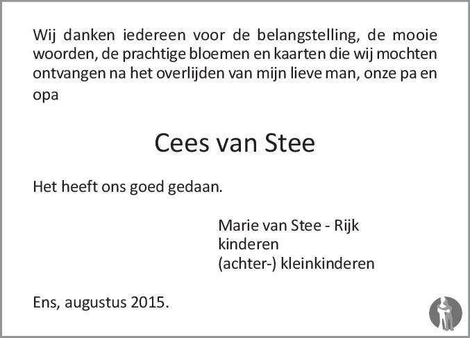 Cornelis (Cees) van Stee 29-06-2015 overlijdensbericht en condoleances ...