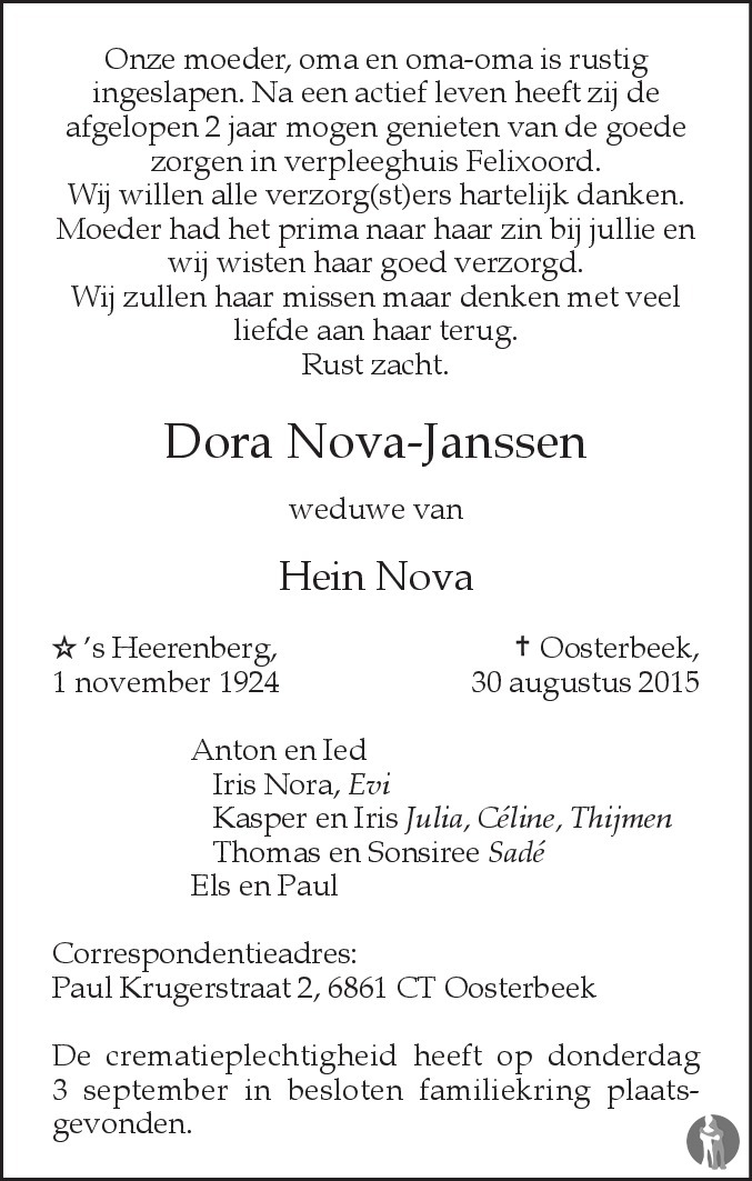 Dora Nova - Janssen 30-08-2015 overlijdensbericht en condoleances ...